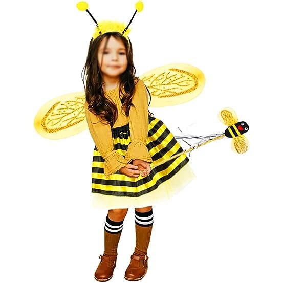 Set Costum pentru Fetite Albinuta, 4 Piese, Fustita, Coronita, Bagheta ...