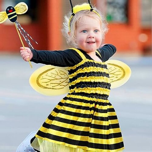 Set Costum pentru Fetite Albinuta, 4 Piese, Fustita, Coronita, Bagheta ...