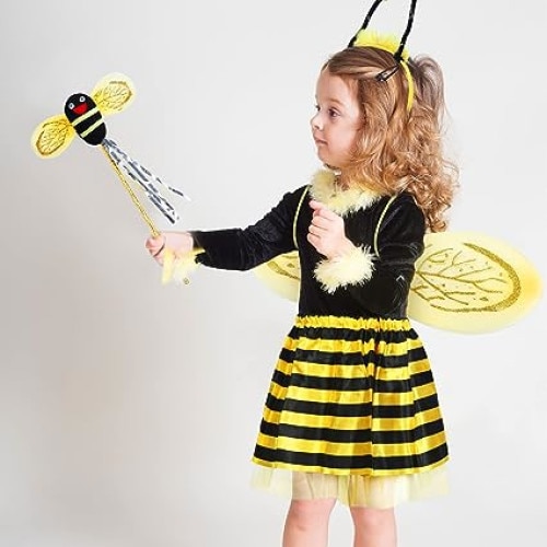 Set Costum pentru Fetite Albinuta, 4 Piese, Fustita, Coronita, Bagheta ...