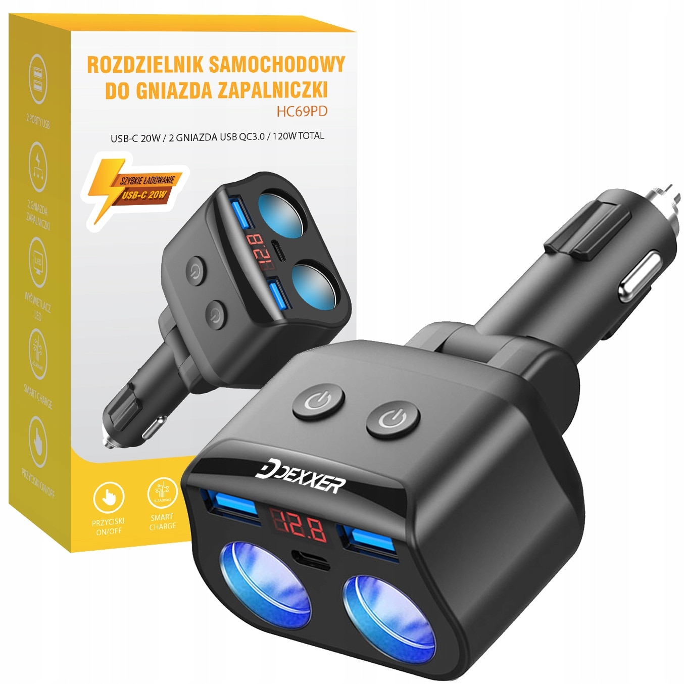 Adaptor priza auto, 2x USB, 2xSoclu Auto, DC 12/24V, 120W, Afisaj LED ...