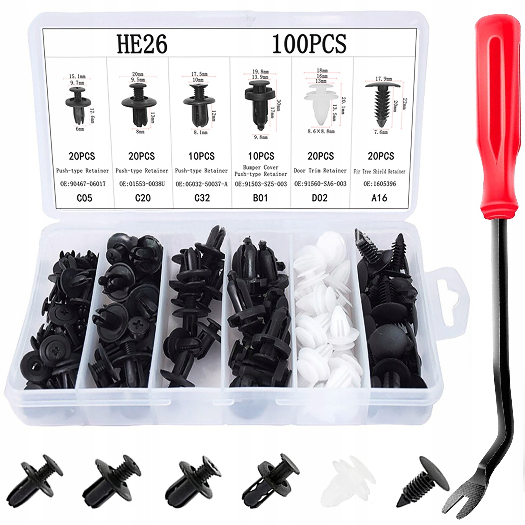 Set cleme auto de fixare, Logit, Universale, Plastic, Alb/Negru, 100 ...