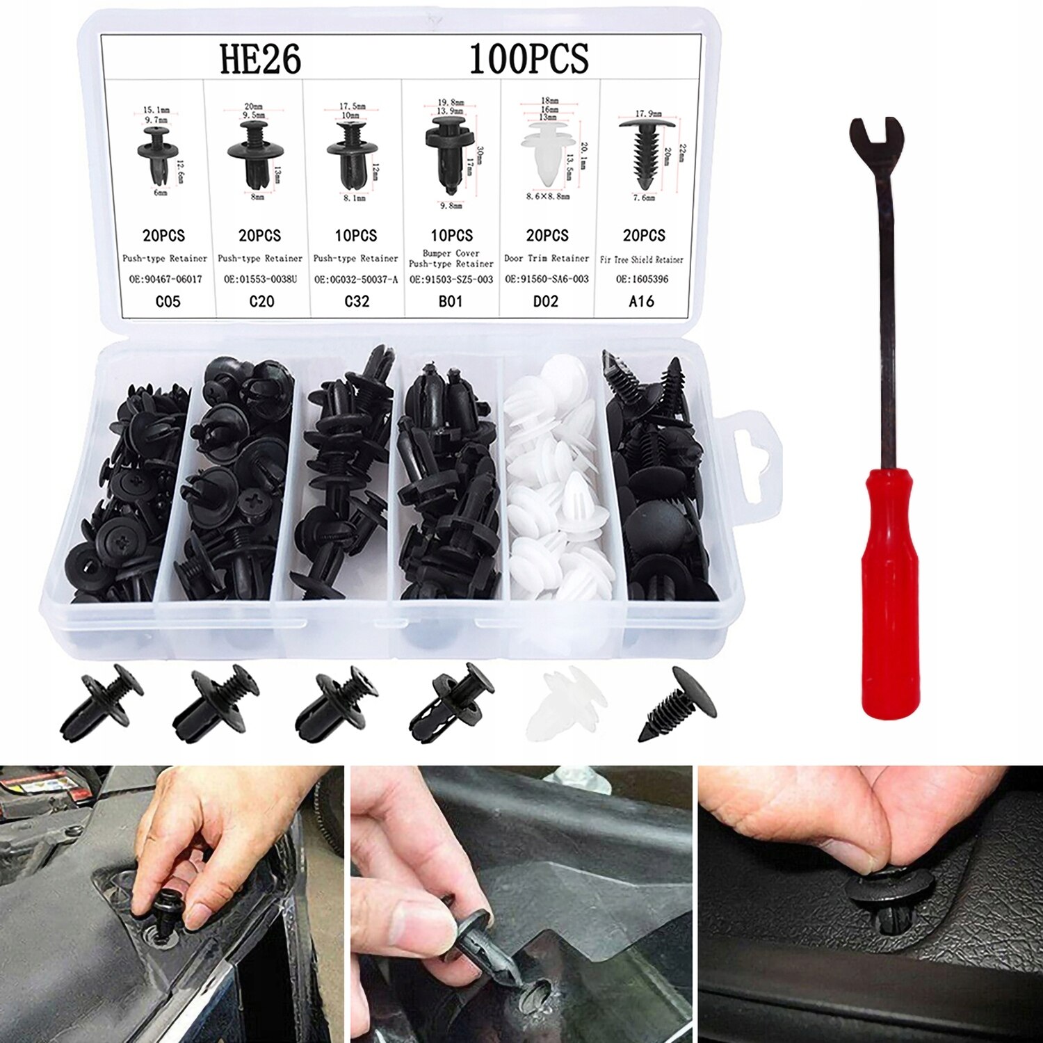 Set cleme auto de fixare, Logit, Universale, Plastic, Alb/Negru, 100 ...