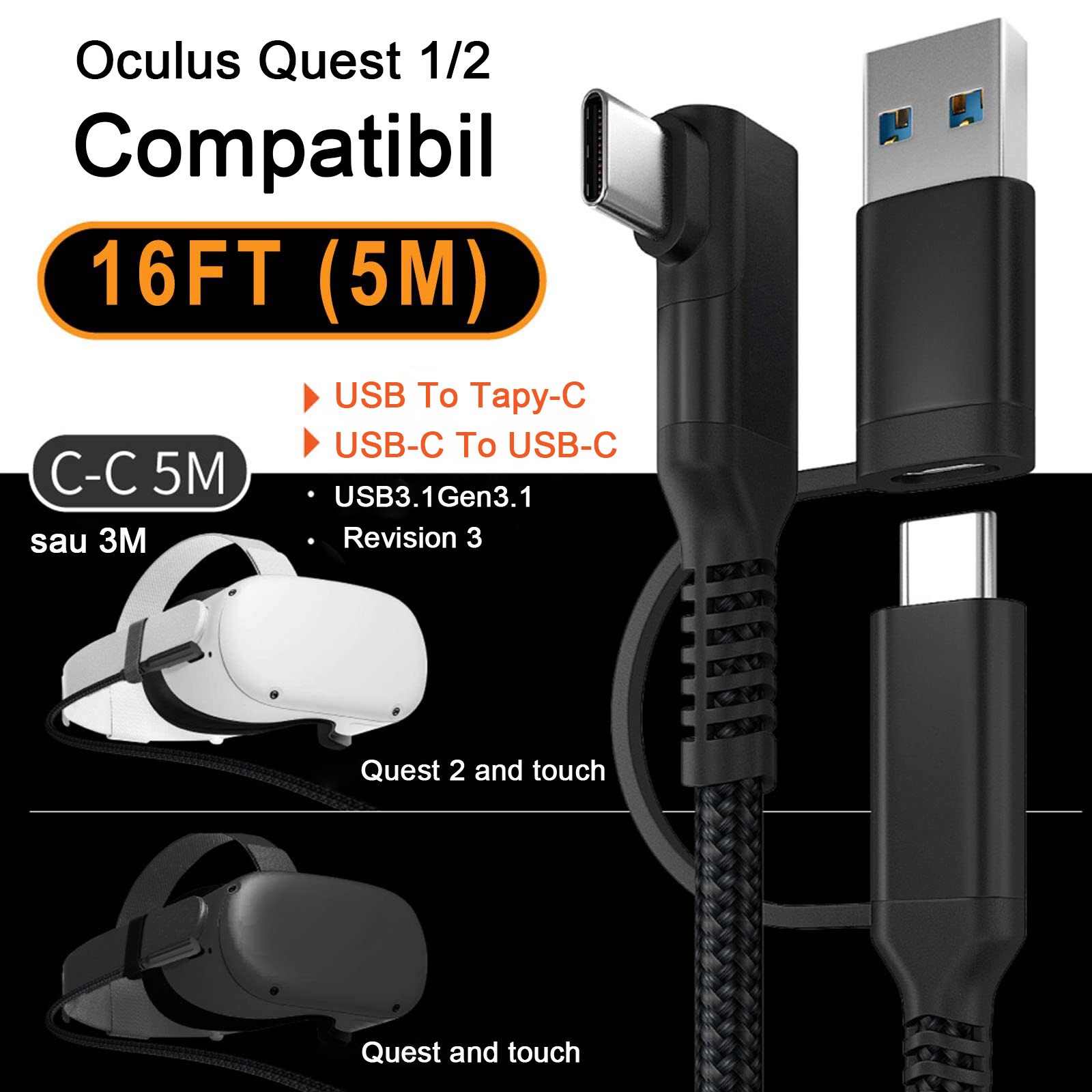 Кабел NUODWELL, за Oculus Quest 2 или Quest 1, SteamVR, 5m, USB C към C ...