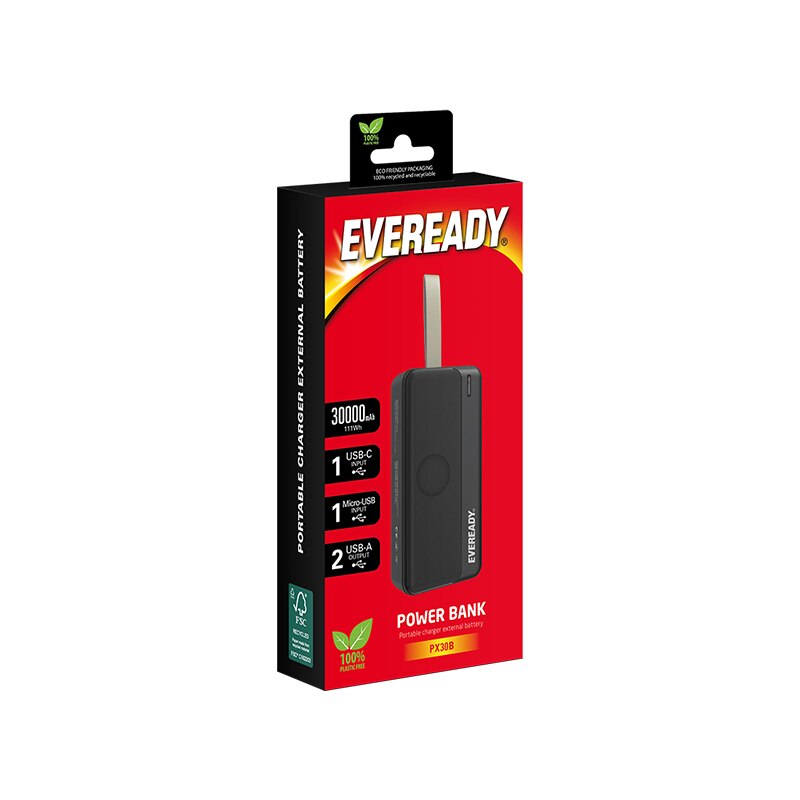 Външна батерия, Eveready, 30000 mAh, 2x USB-A, черна - eMAG.bg