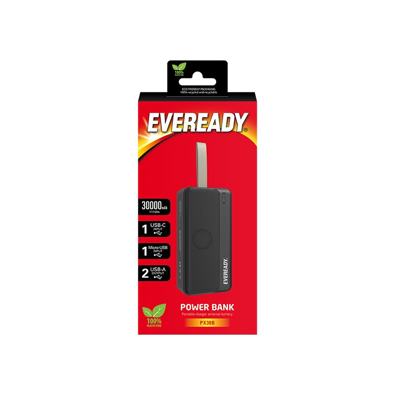 Външна батерия, Eveready, 30000 mAh, 2x USB-A, черна - eMAG.bg