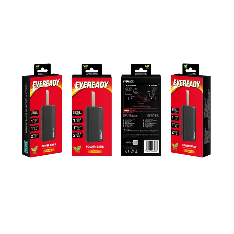 Външна батерия, Eveready, 30000 mAh, 2x USB-A, черна - eMAG.bg
