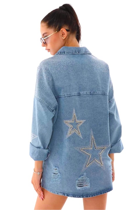 Geaca lunga de blugi BronKo, croiala tip camasa, perforatii si ...