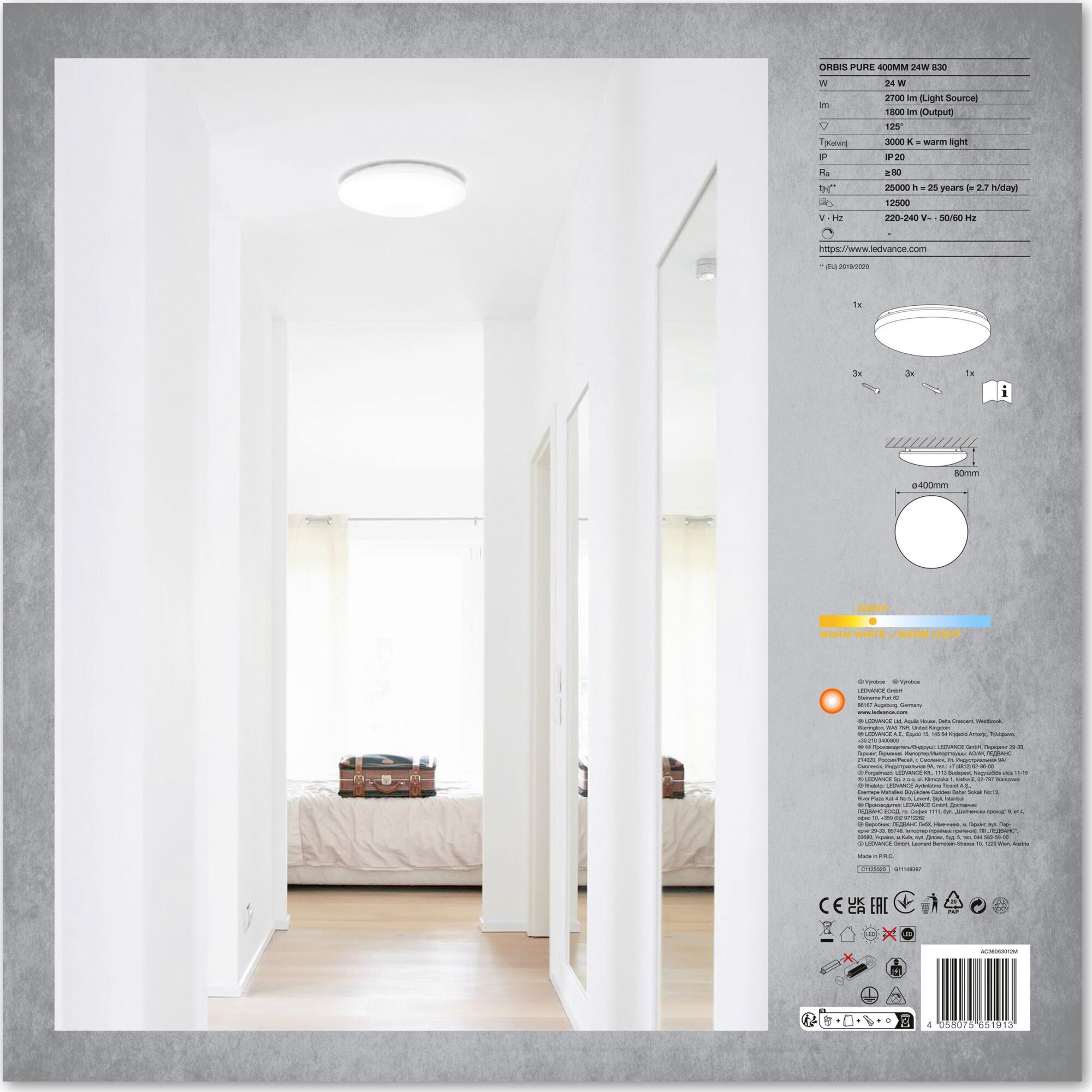 Plafoniera LED Ledvance Orbis, 24W (100W), 1800 lm, lumina calda (3000K ...