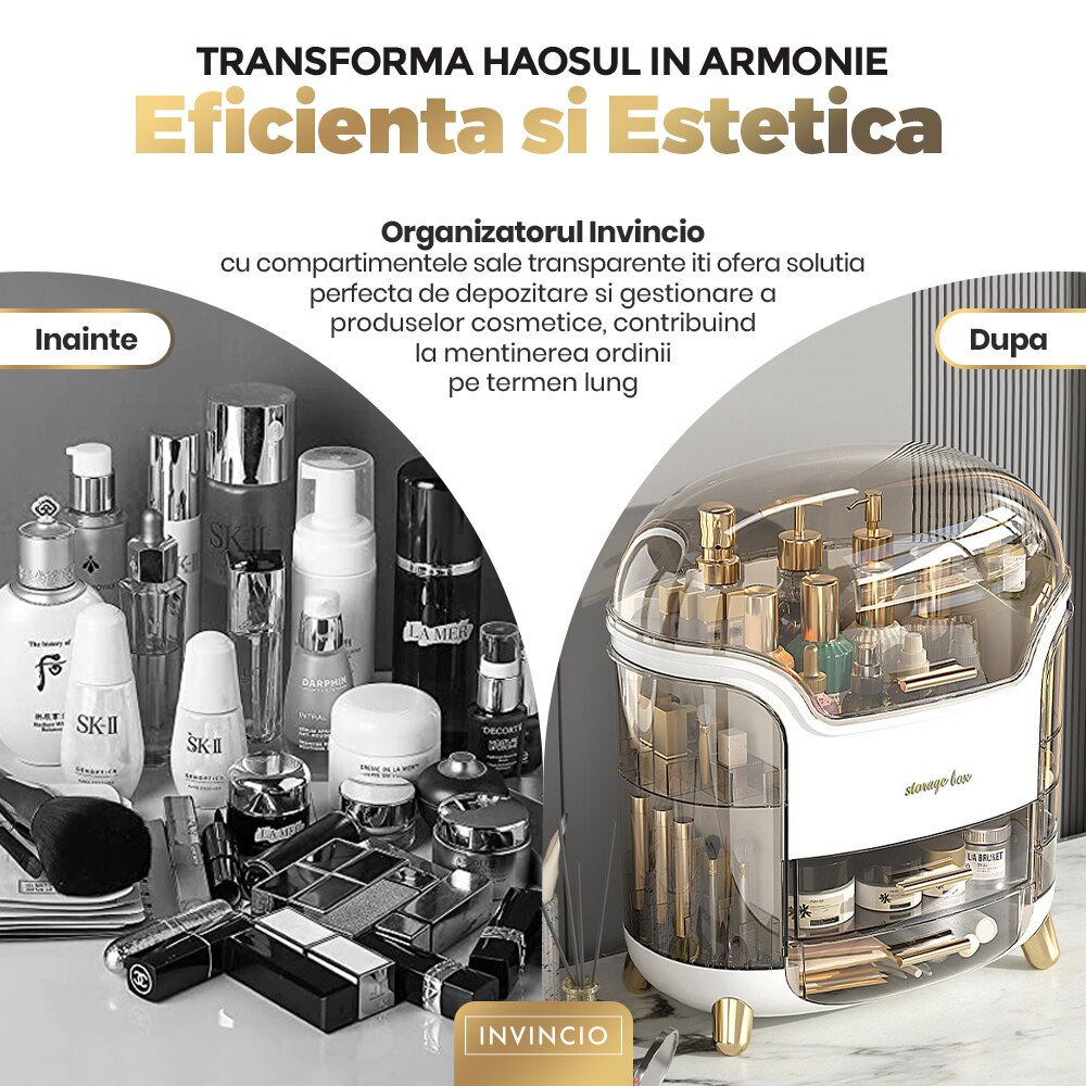 Organizator cosmetice INVINCIO Retro, stil vintage cu detalii aurii, 9 ...