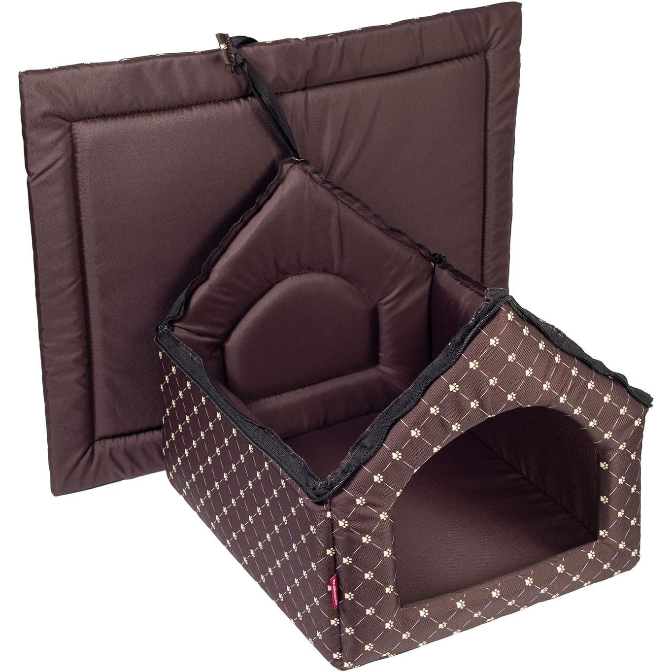Pat pentru caini si pisici, M 40 x 33 x 33 cm, maro, casuta, cu model ...