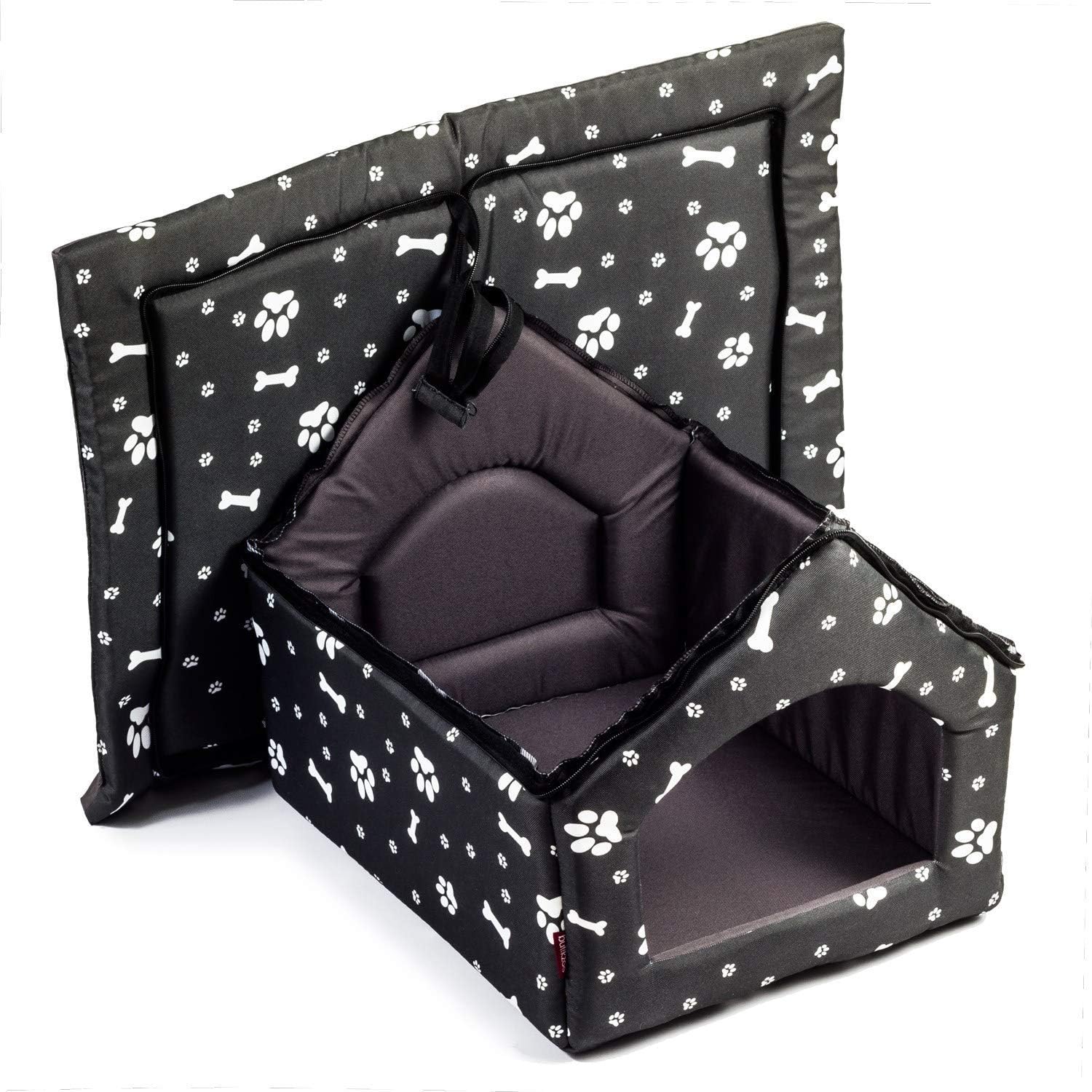 Pat pentru caini si pisici, XL 55 x 44 x 43 cm, negru, casuta, cu model ...