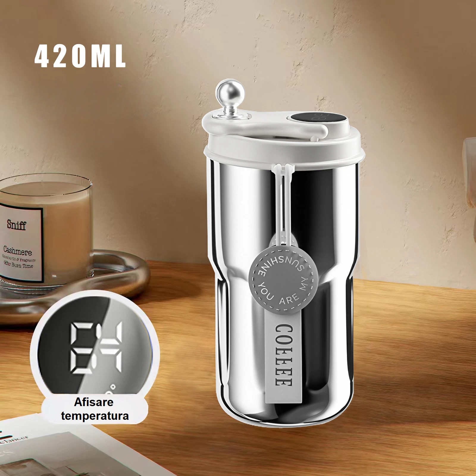 Cana termos AxaCube®, pentru cafea, capuccino, 420 ml, interior otel ...