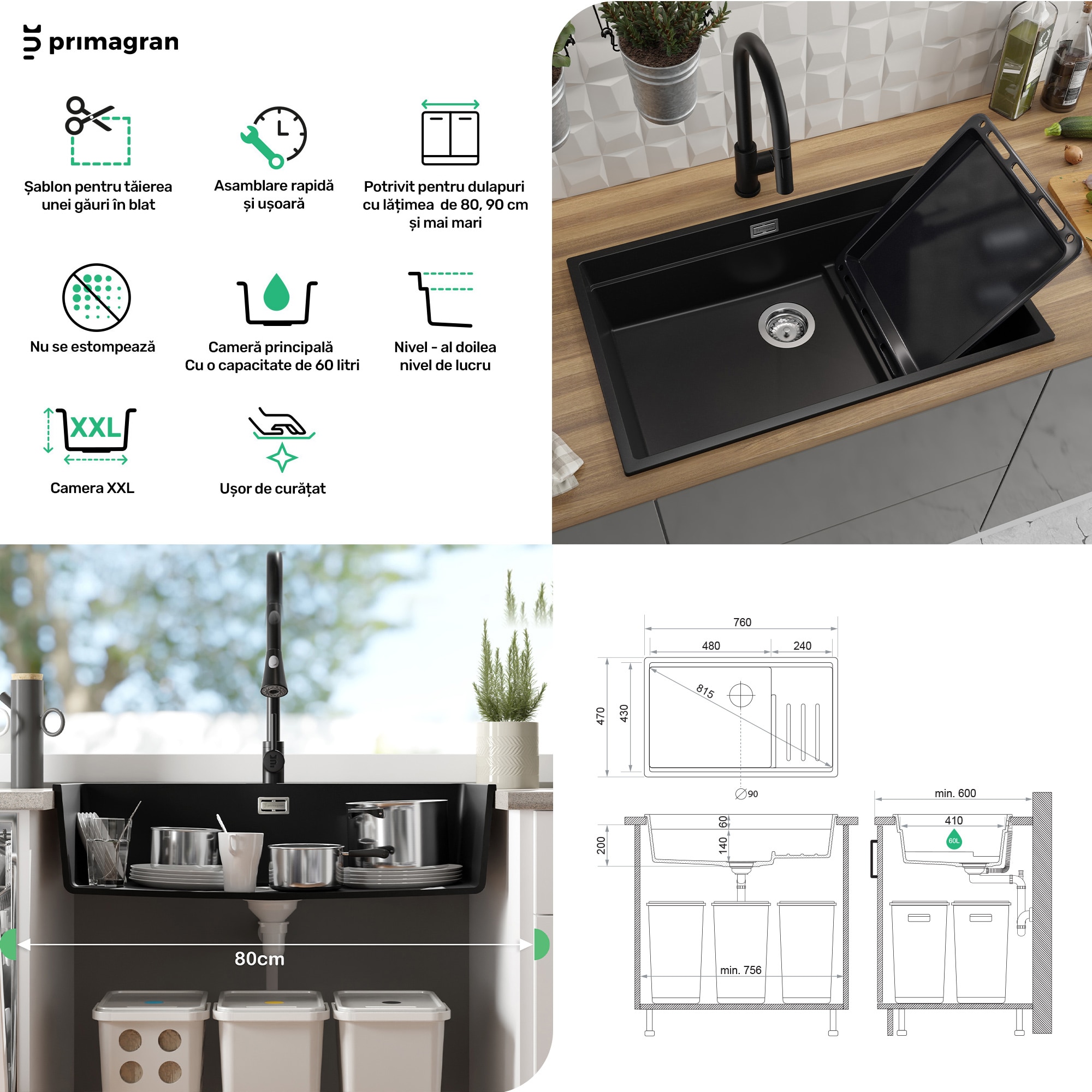 Chiuveta de Bucatarie Granit cu Baterie 9050 si Sifon, 76x47 cm ...