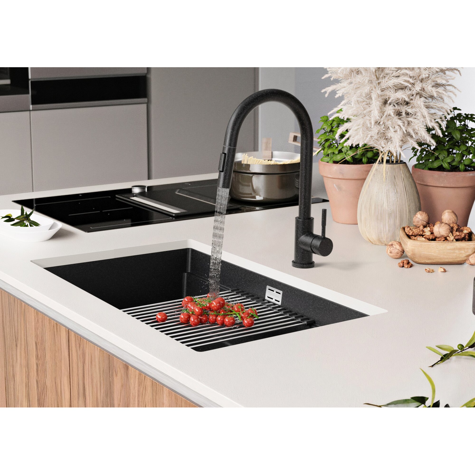 Chiuveta de Bucatarie Granit cu Baterie 5000 si Sifon Automat, 76x47 cm ...