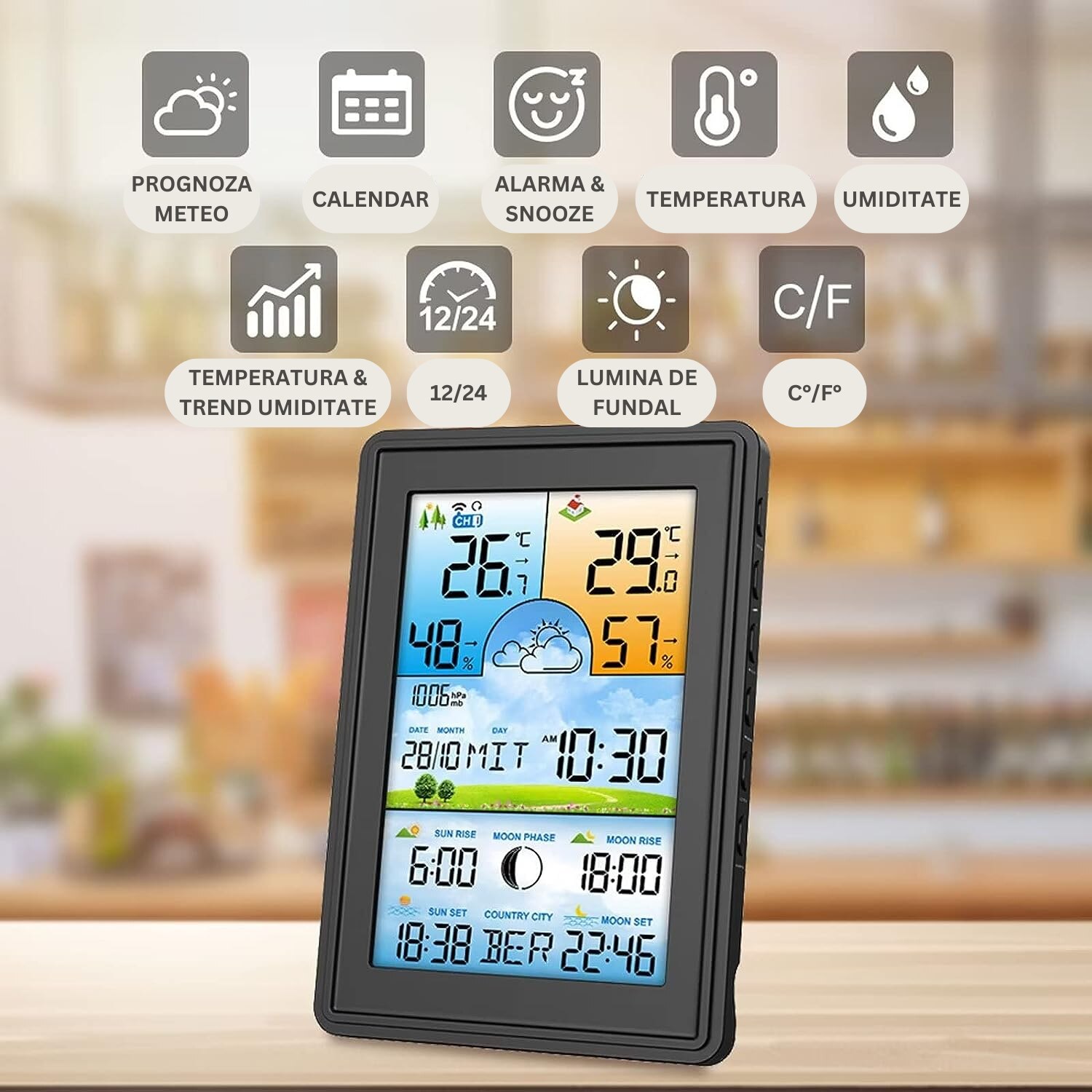 Statie meteo fara fir ACV Premium, cu senzor exterior Wireless, afisaj ...