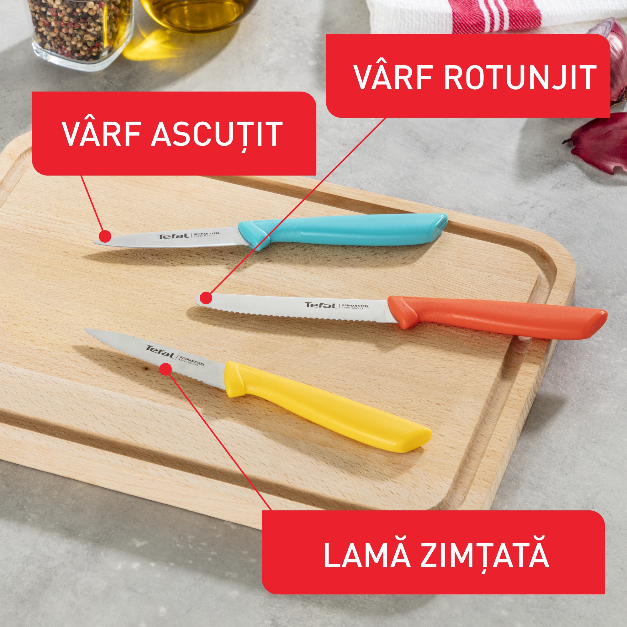 Set 3 cutite Tefal Colorfood, lama otel inoxidabil, 8 cm / 10 cm ...