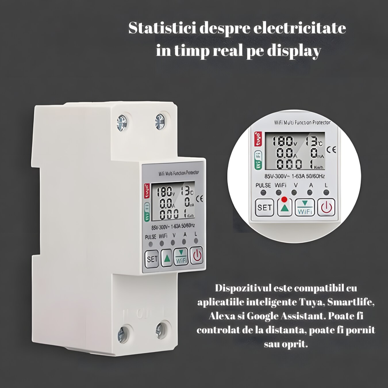 Contor Monofazat Inteligent, Zadabso®, WiFi, 63A, 85V-300V, LCD HD Display, Functie Resetare ...