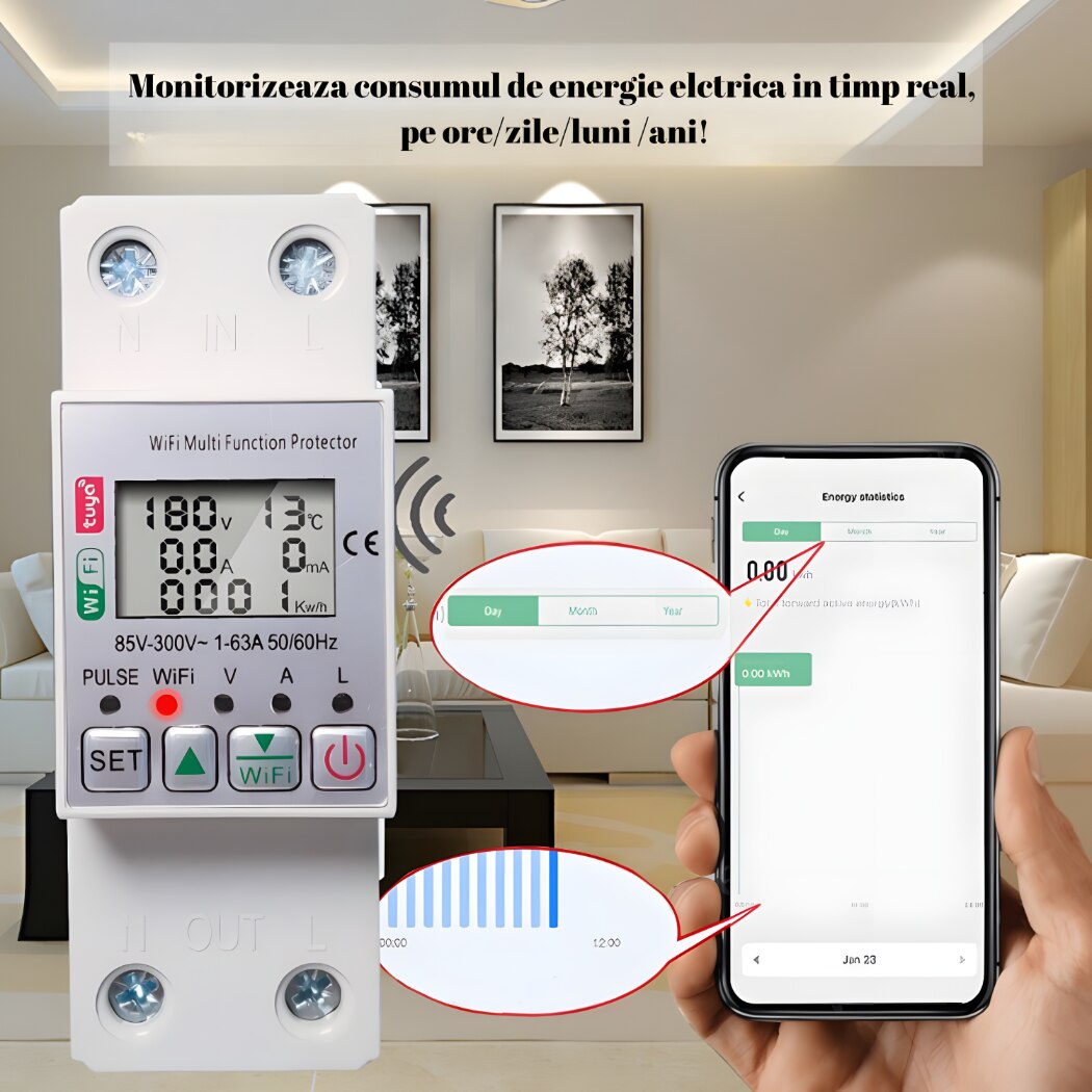 Contor Monofazat Inteligent, Zadabso®, WiFi, 63A, 85V-300V, LCD HD ...