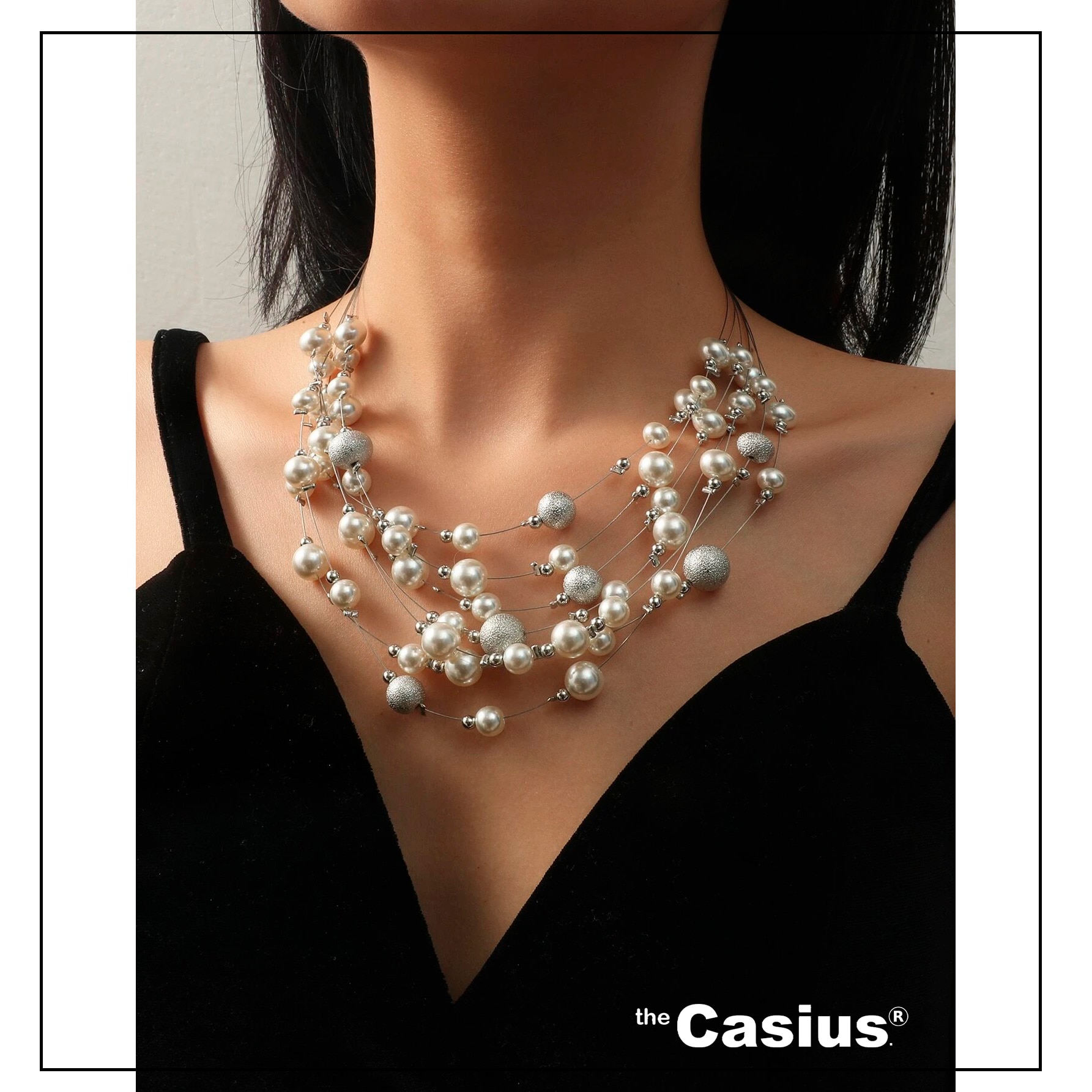 Colier format din multiple siraguri de perle faux, culoarea argintiu ...