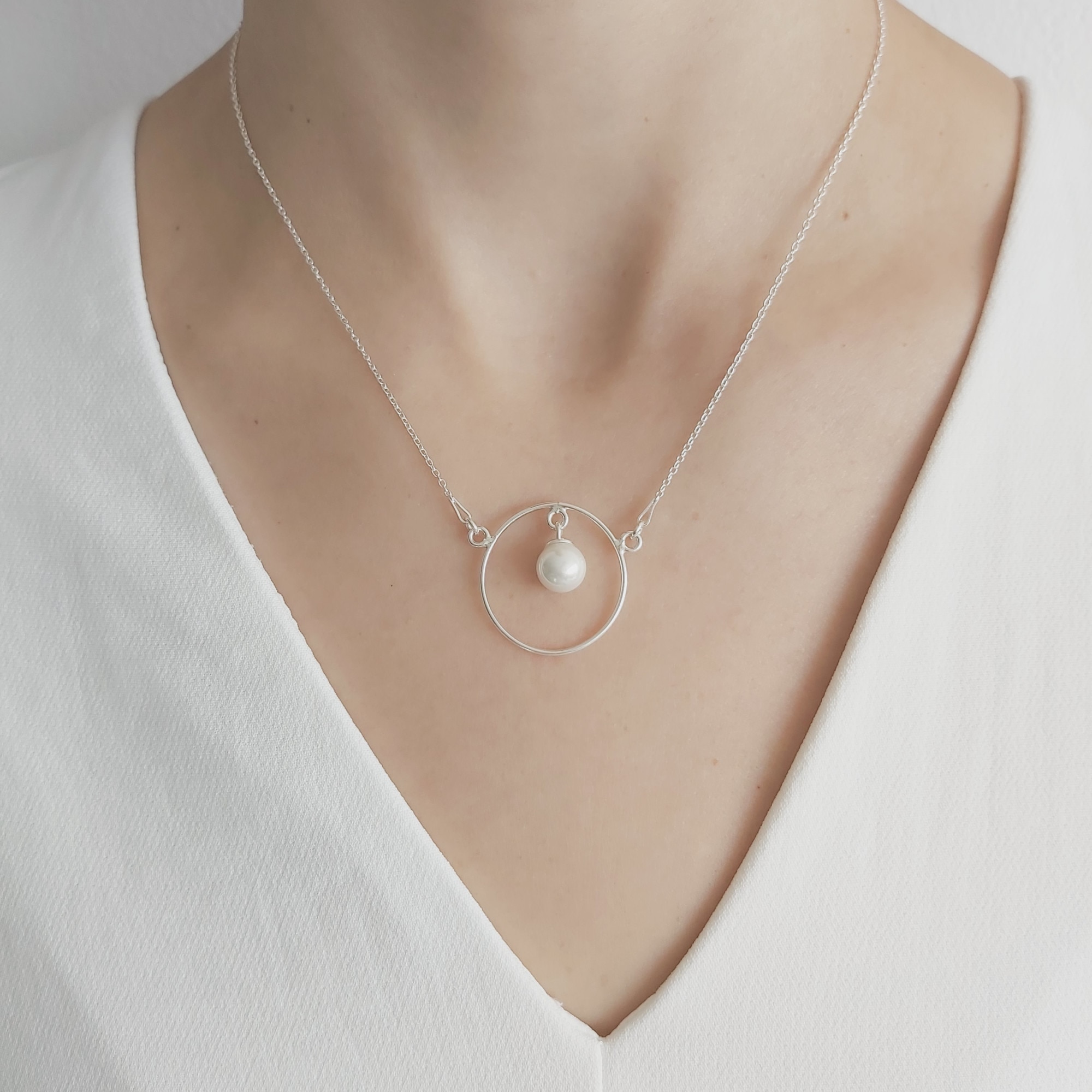 Colier argint 925 cu perla de cultura alba 8 mm - pearl in a circle ...