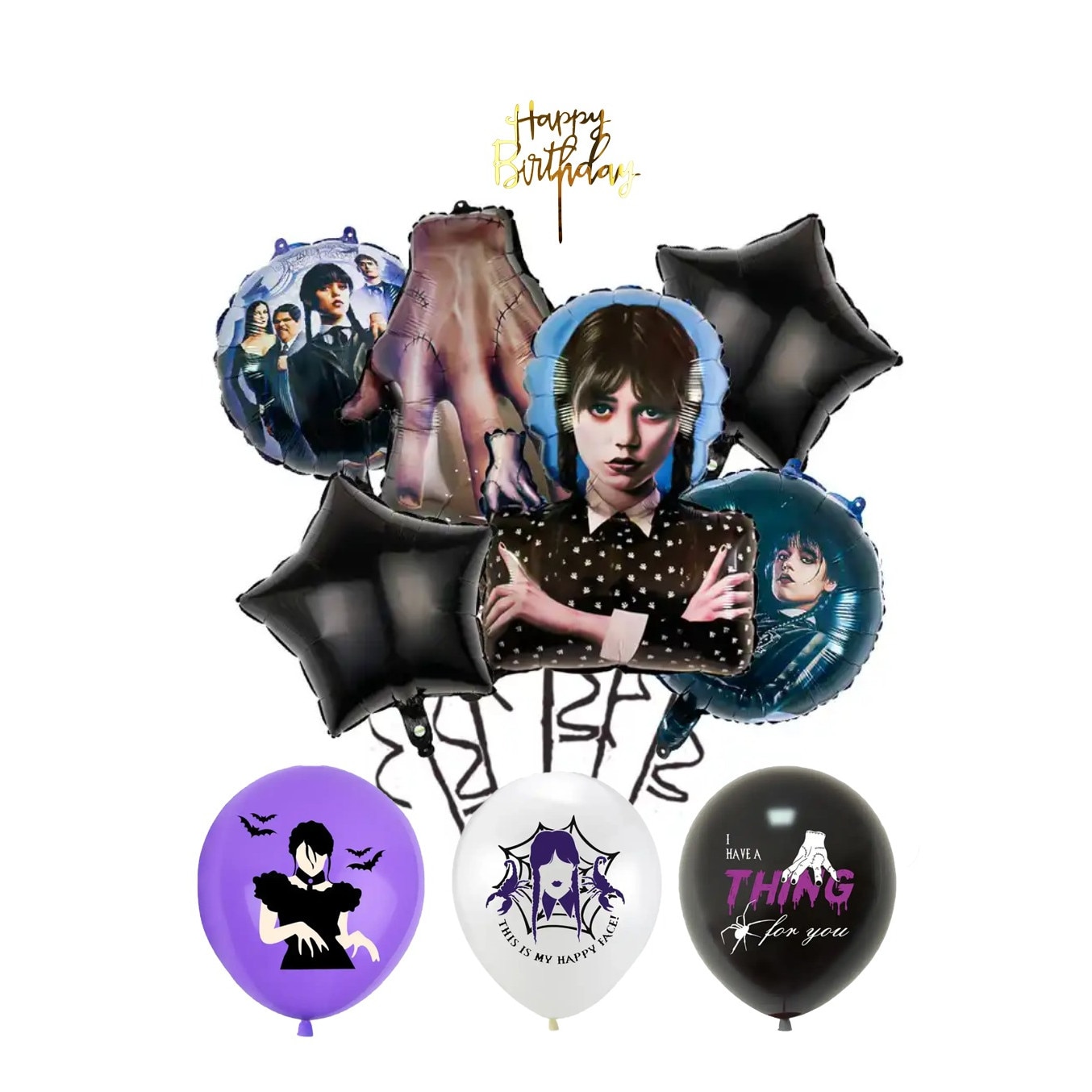 Set cu 9 baloane party Wednesday Addams si topper aniversar Happy ...
