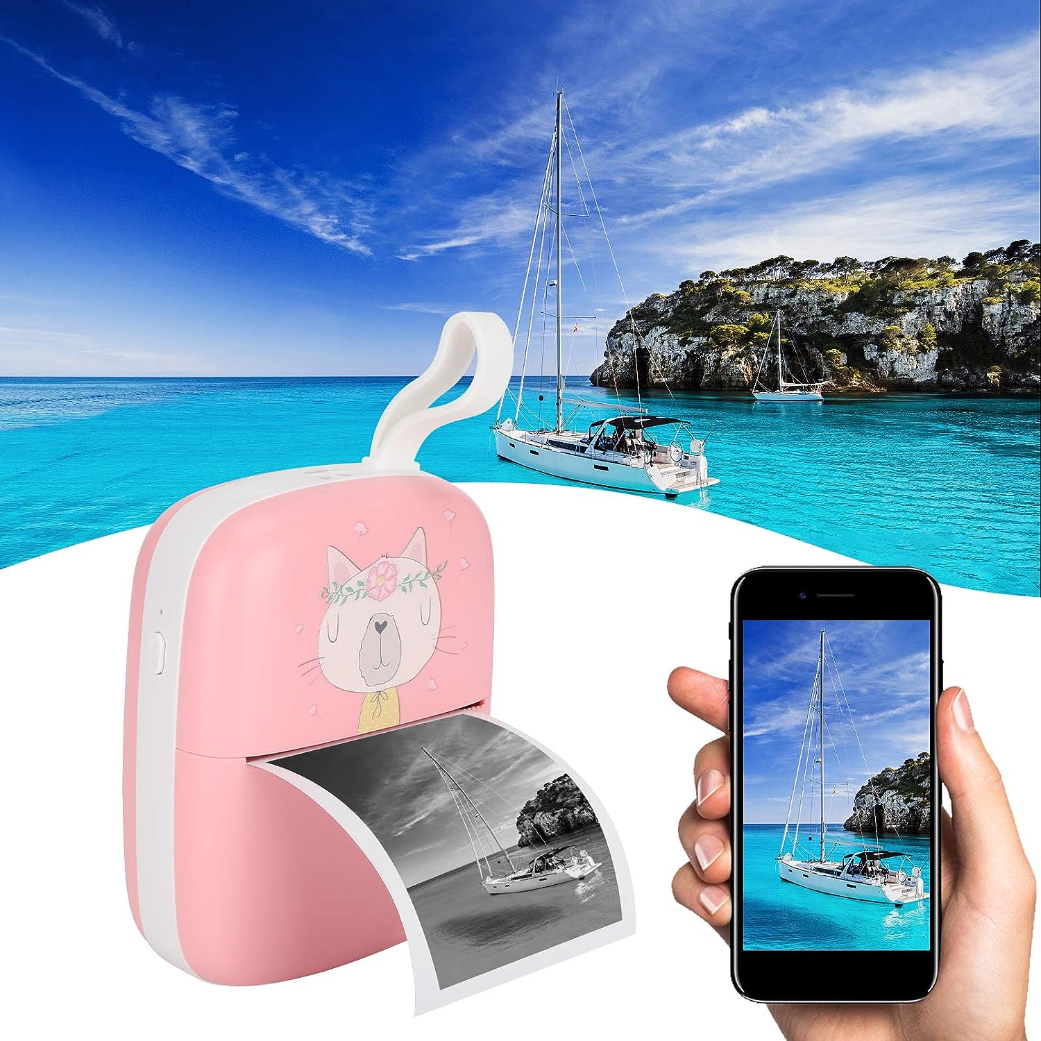 Imprimanta termica portabila, 55x30 mm, 1000mAh, roz, Bluetooth ...