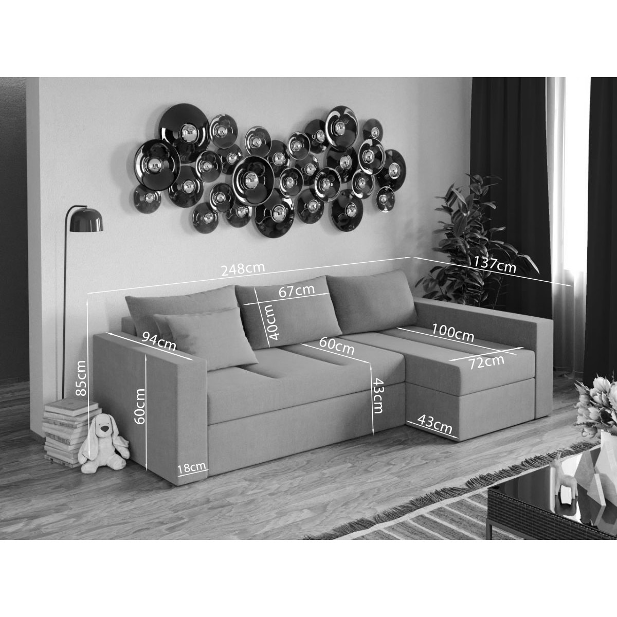 Coltar Cargo, extensibil, cu lada depozitare, stofa, 248 x 137 x 85 cm ...