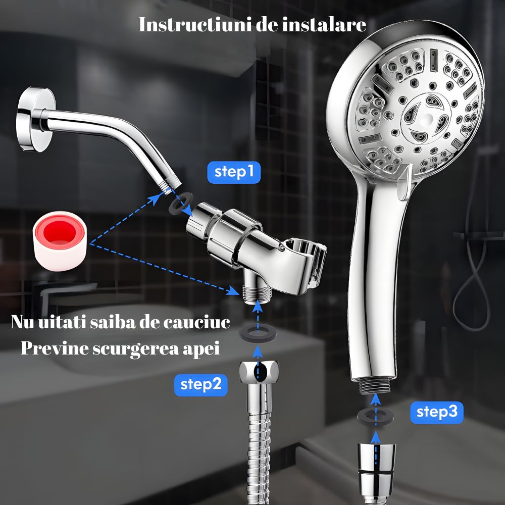 Cap de dus de inalta presiune, 9 functii, Suport reglabil, Furtun ...