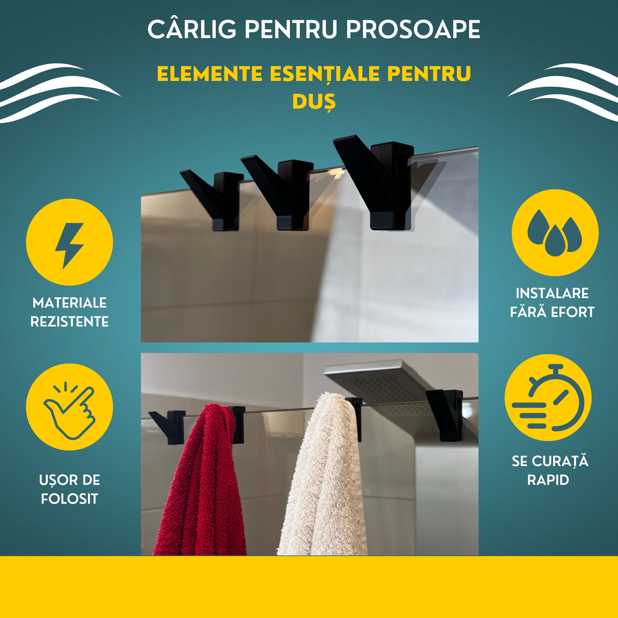Set elegant de 4 carlige pentru prosoape, ideal pentru cabina de dus ...