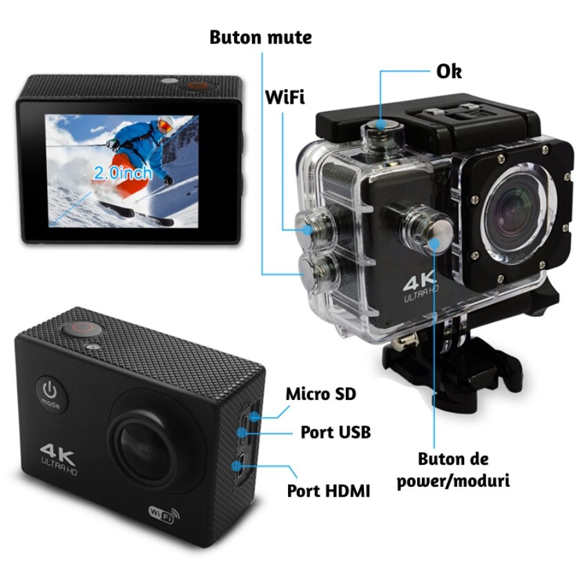 Camera video sport de actiune 4K 1080 FullHD portabila, rezistenta la ...