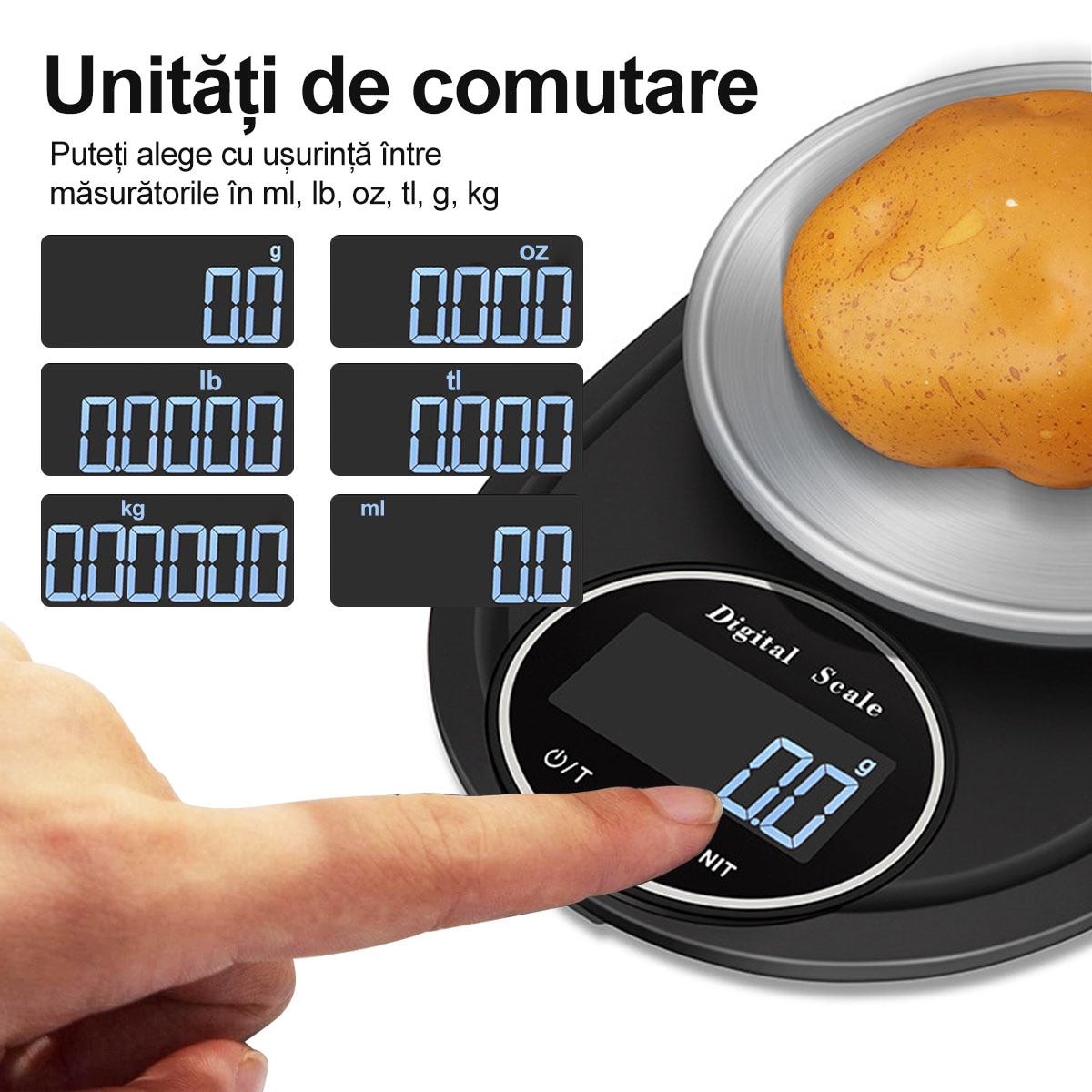 Cantar de bucatarie SDLOGAL, 5kg/0.1g, Functia de tara, conversia unitatii, Inox, Ecran LCD ...
