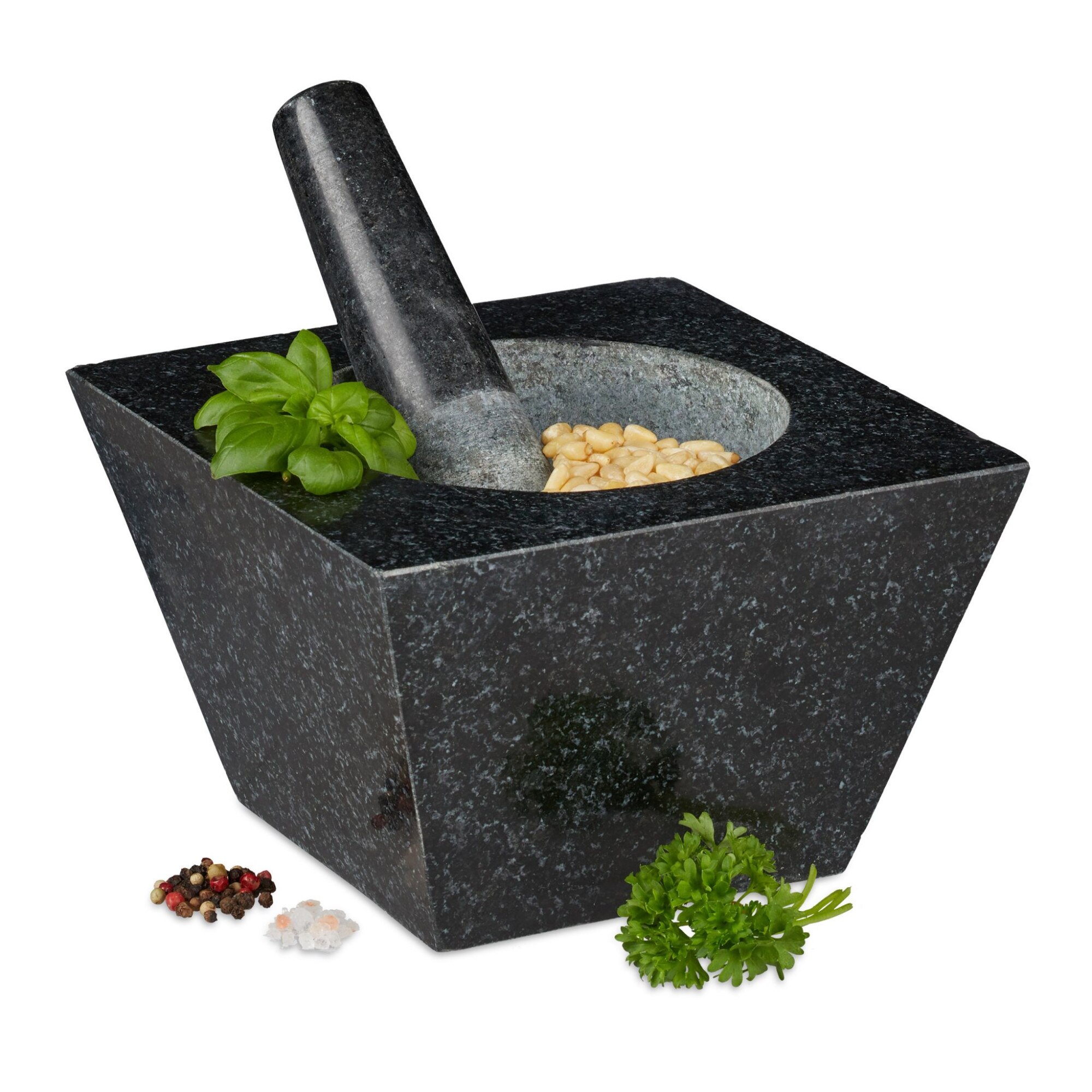 Mojar cu pistil, din granit, negru marmorat, 12 x 19,5 x 19,5 cm - eMAG.ro