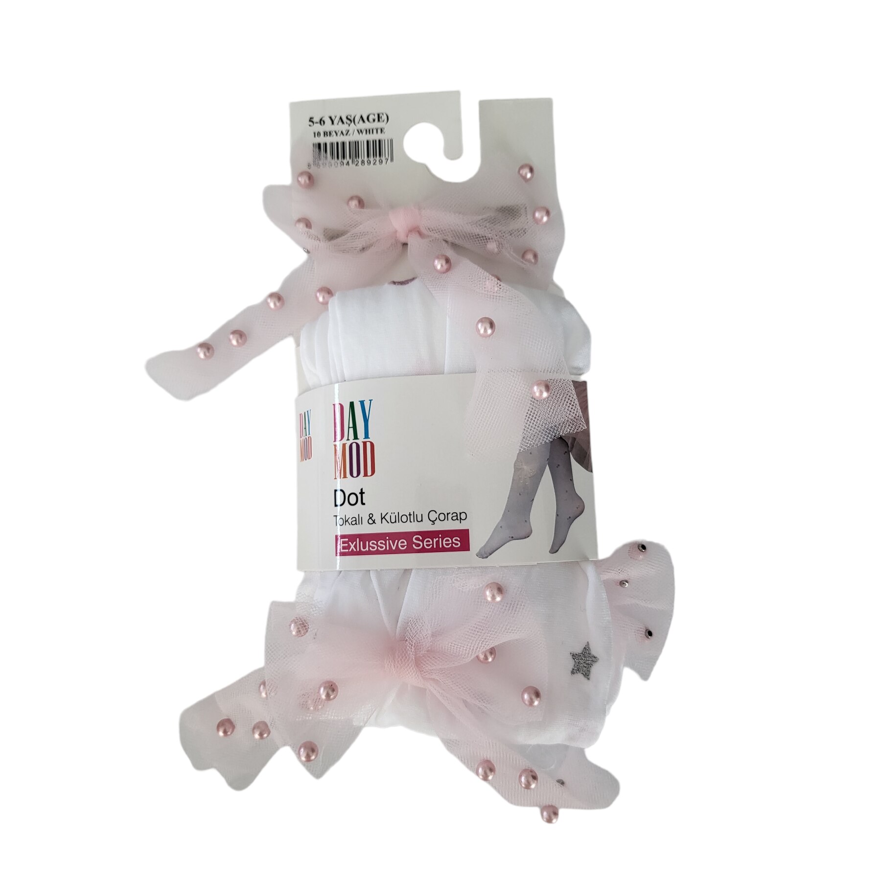 Dres alb cu stelute argintii si accesoriu de par, ambele cu fundita roz ...