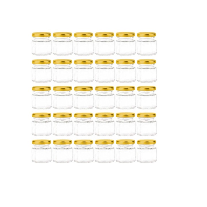Set 30 mini borcane hexagonale Tebery, 45 ml, cu capac auriu, pentru ...