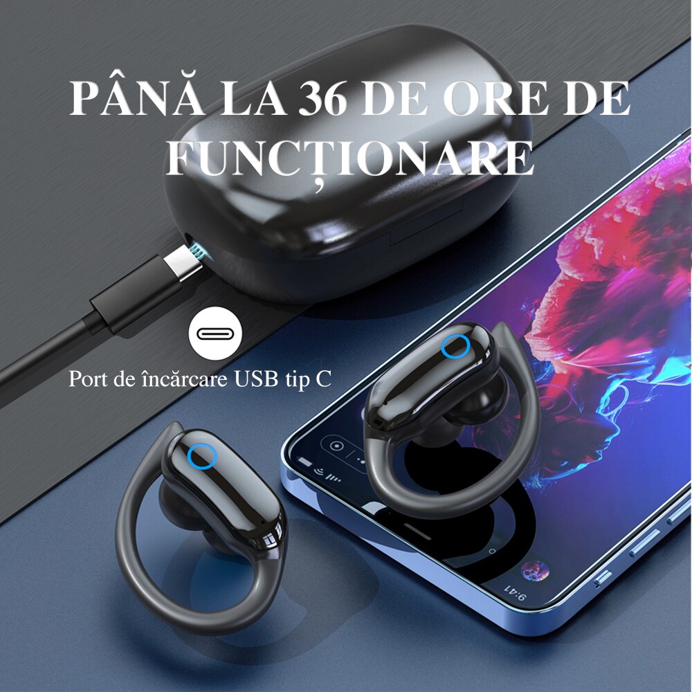 Casti Wireless Zepo ZP62, pentru sport si alergat, Microfon HD, Afisaj digital LED, IPX7 ...