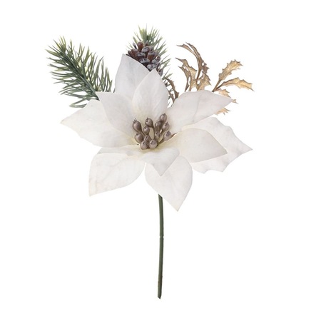 Decoratiune brad, Floare Craciunita cu pin si conuri, 20 cm, textil ...