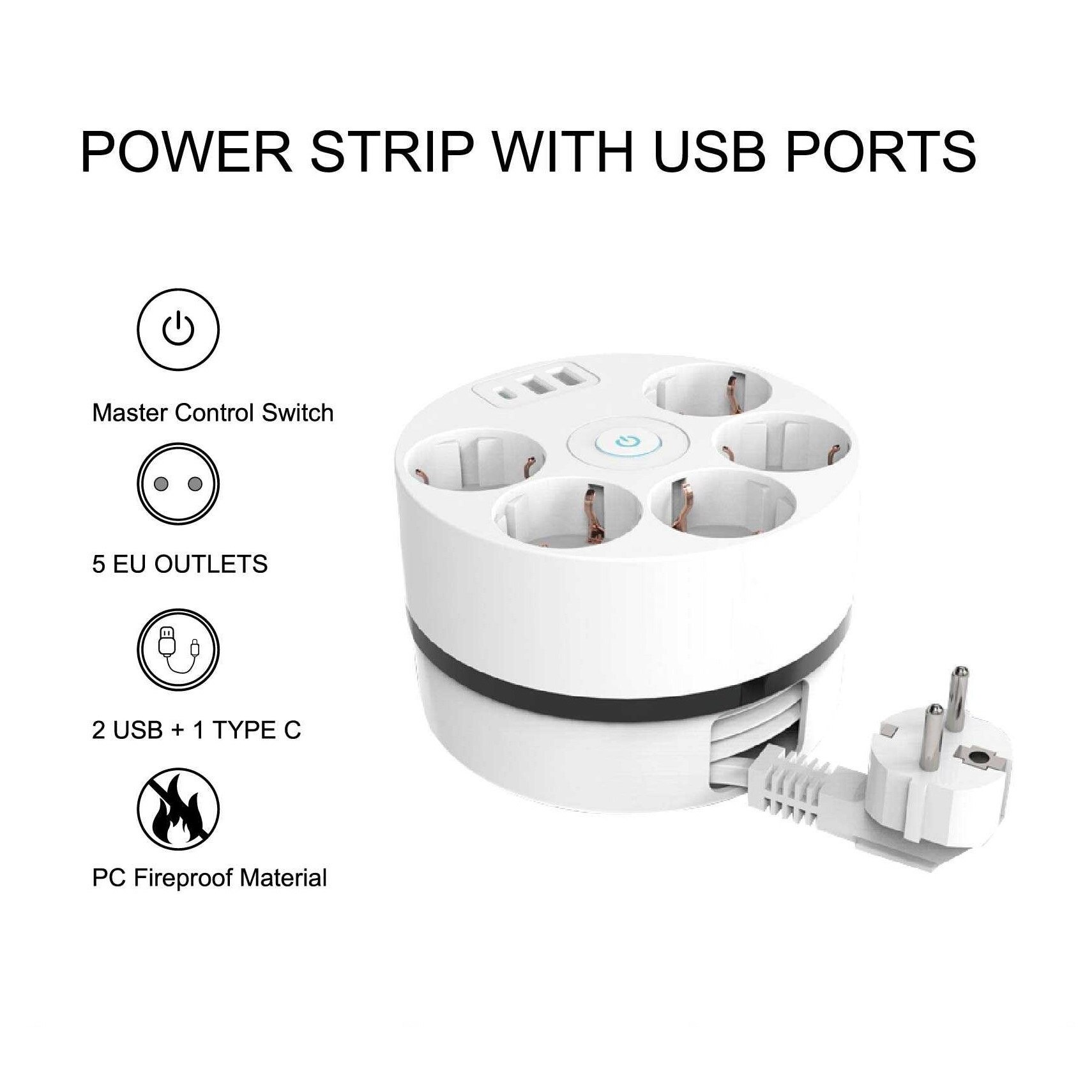 Кръгъл удължител с Usb порт и тип C 5v 3 4 A Изтеглящ се кабел 1 5m