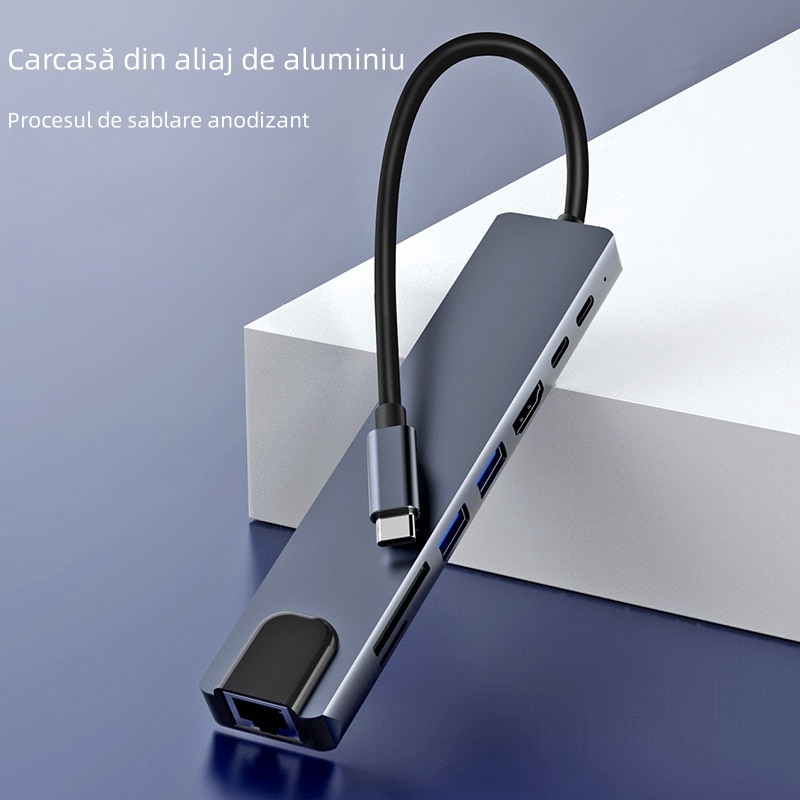 Hub USB-C, 8in1, HDMI4K30Hz+USB3.0+USB2.0+PD+TYPE-C+SD+TF+RJ45 ...