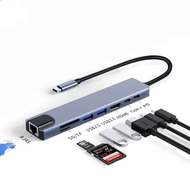 Hub USB-C, 8in1, HDMI4K30Hz+USB3.0+USB2.0+PD+TYPE-C+SD+TF+RJ45, Argintiu - eMAG.ro