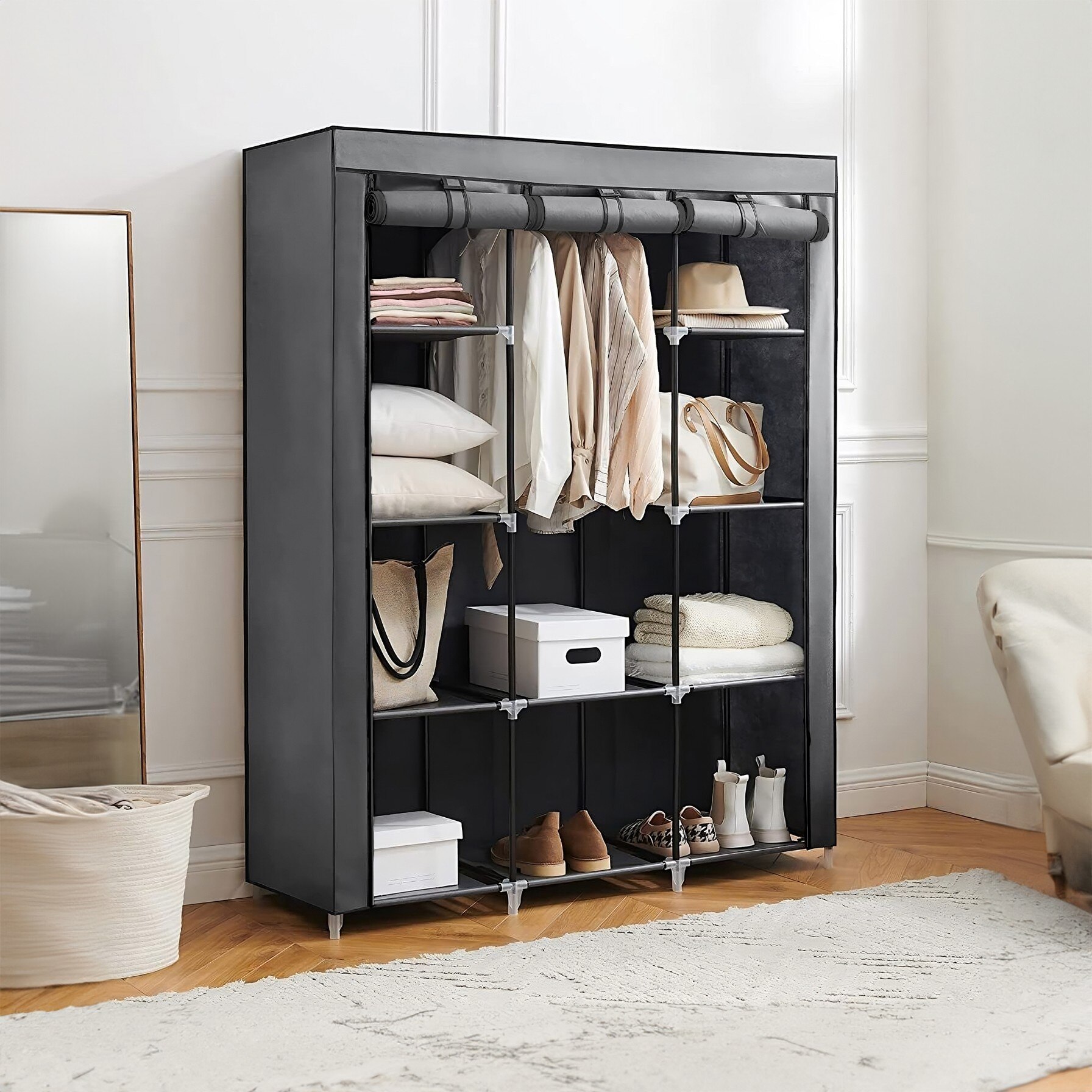 Dulap din material textil, Garderoba, 10 rafturi, Gri, 148x42x172.5 cm ...