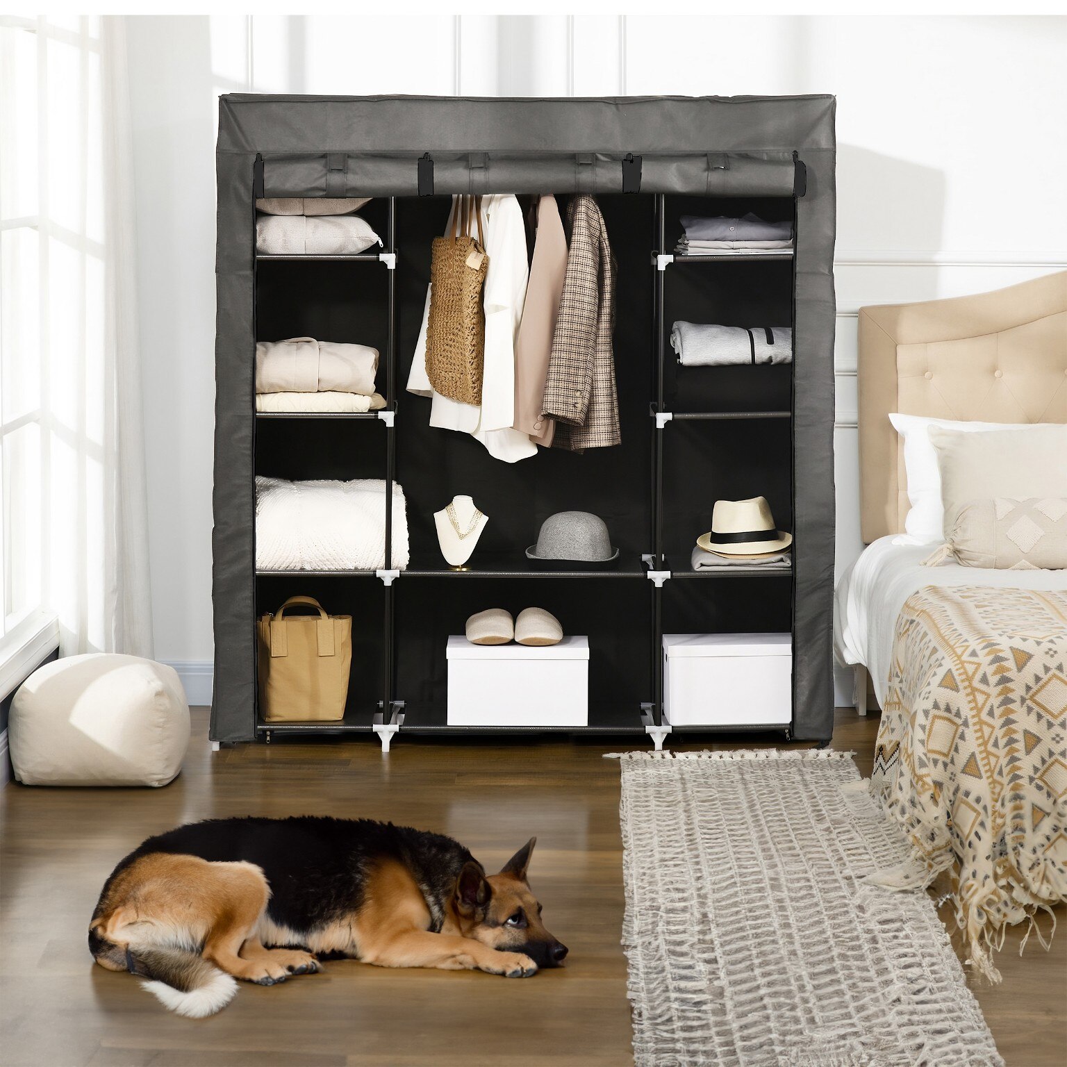 Dulap din material textil, Garderoba, 10 rafturi, Gri, 148x42x172.5 cm ...