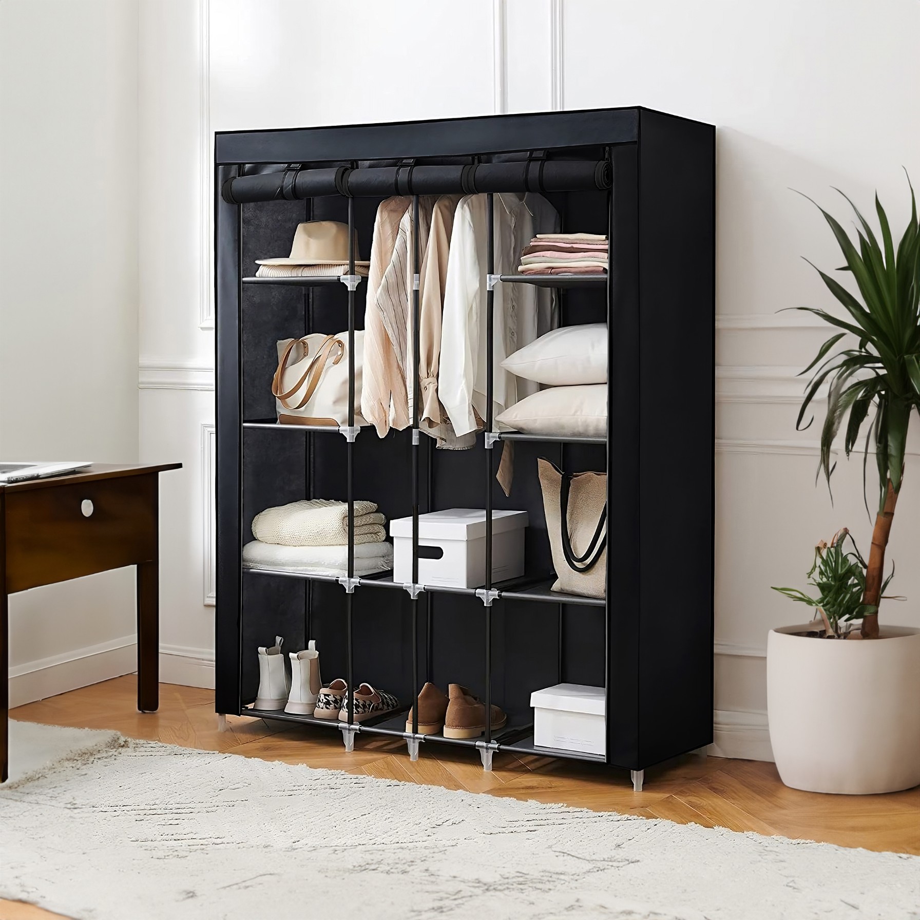 Dulap din material textil, Garderoba, 14 rafturi, Negru, 170x45x170 cm ...