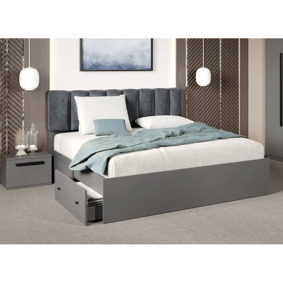 Set dormitor, complet Gri, Dallas, C45, Pat cu 2sertare, Comoda, Dulap ...