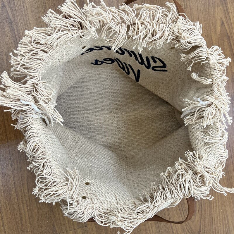 Geanta de plaja din canvas cu imprimeu Summer Vibes, 36x50x14 cm, Alba ...