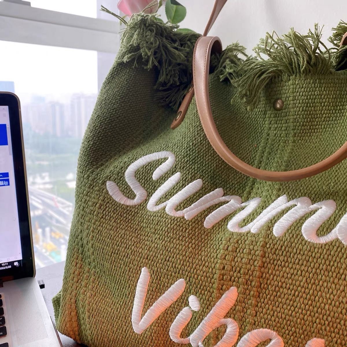 Geanta de plaja din canvas cu imprimeu Summer Vibes, 36x50x14 cm, Verde ...