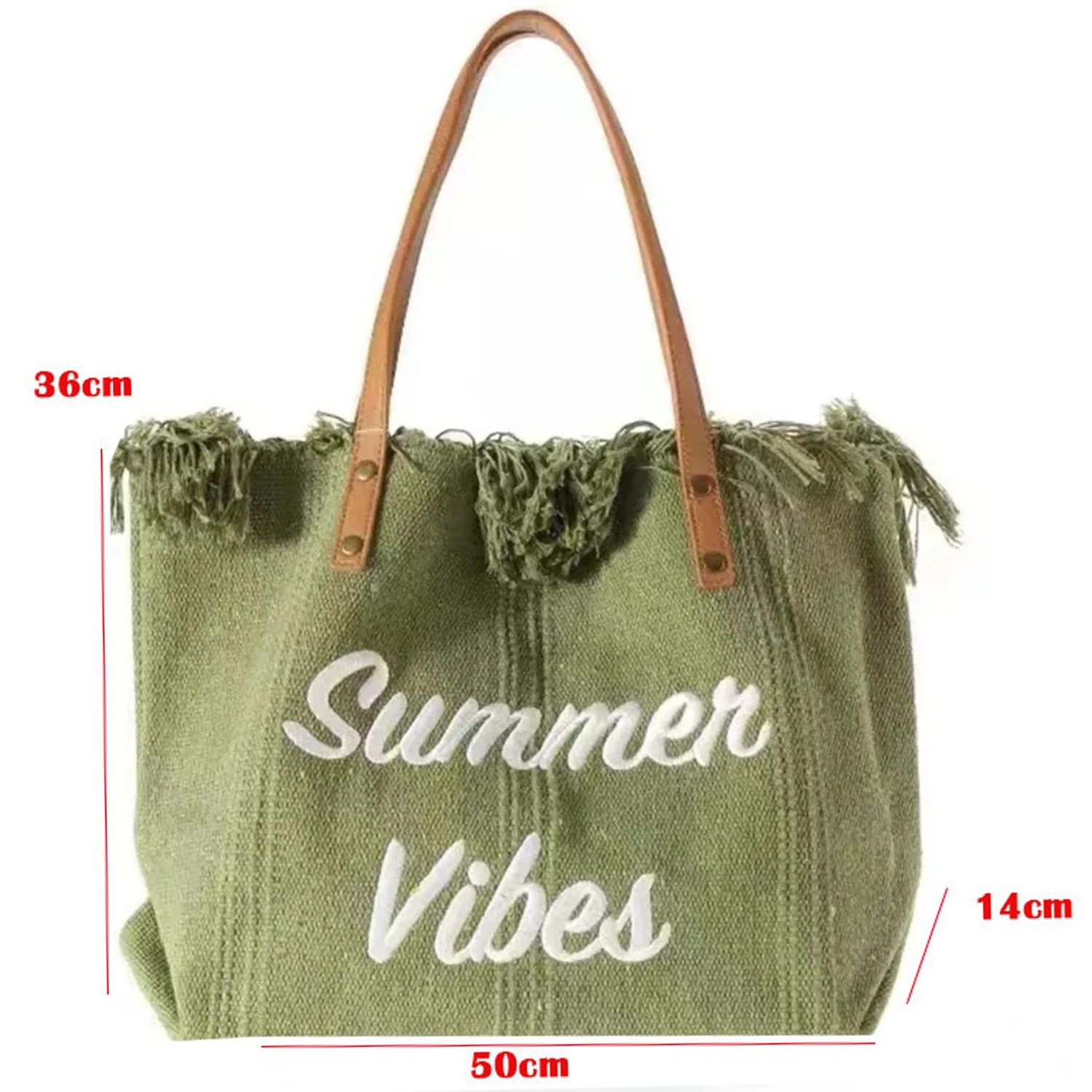 Geanta de plaja din canvas cu imprimeu Summer Vibes, 36x50x14 cm, Verde ...