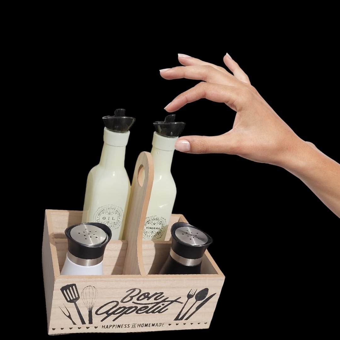 Oliviera cu 2 sticle ulei/otet si sare/piper cu suport din lemn - eMAG.ro