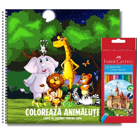 Carte de Colorat pentru Copii, Coloreaza Animalute si Set 12 Creioane ...