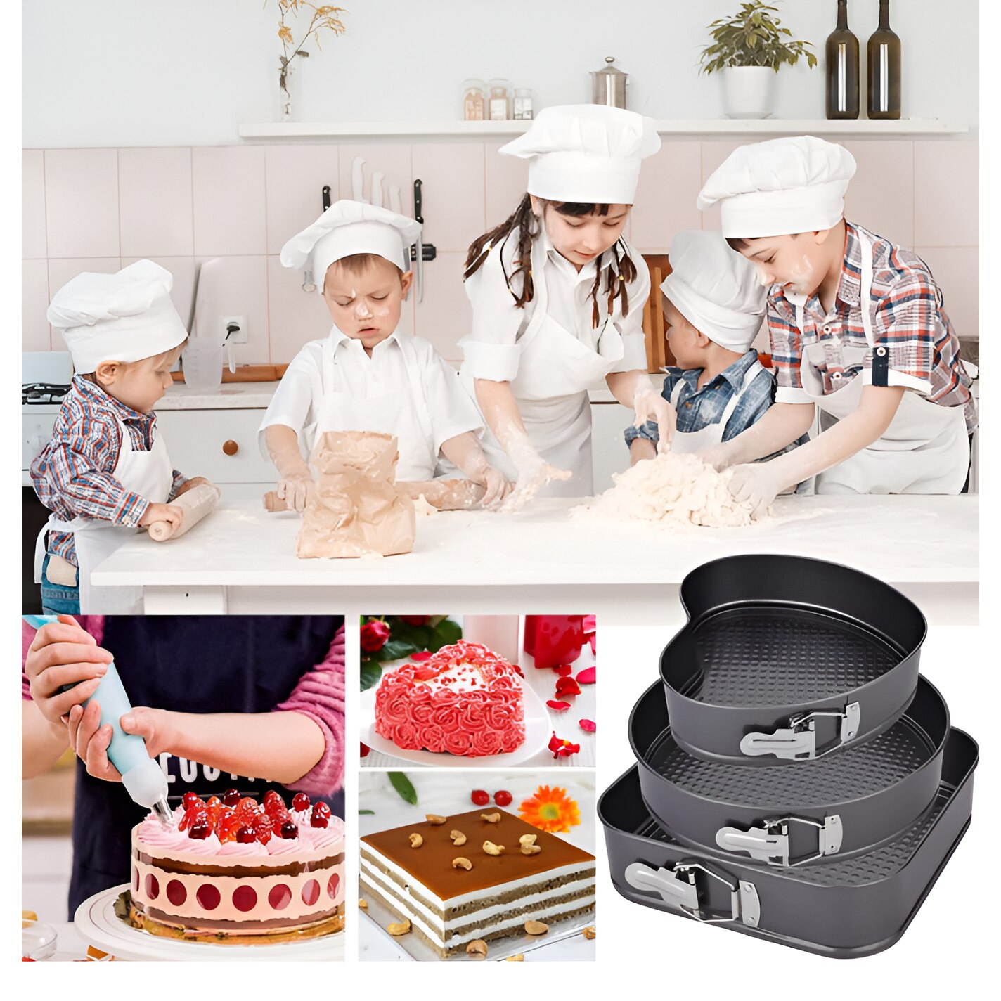 Set 3 Tavi pentru Copt cu Forme Inima/Rotunda/Patrata si Baza ...