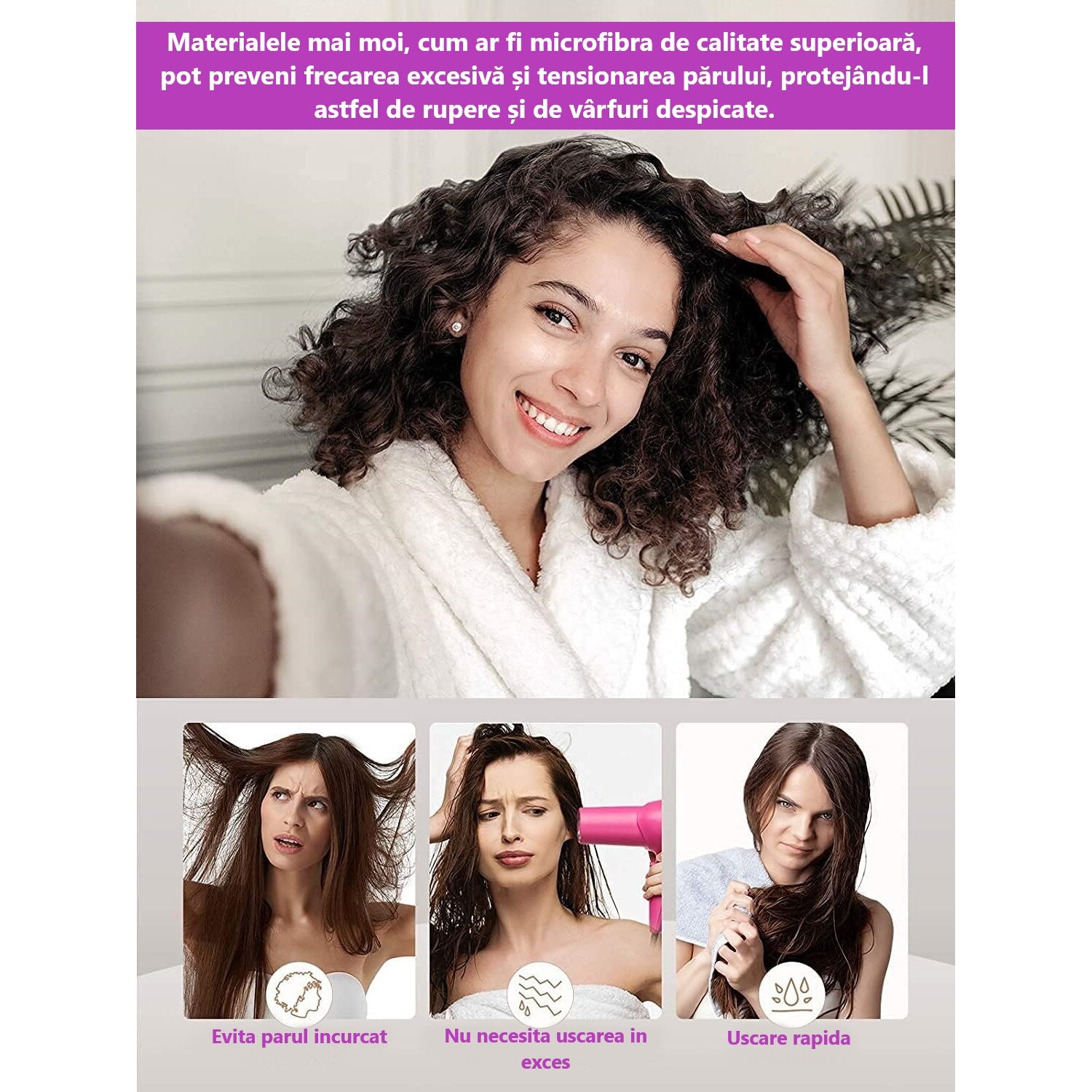 Prosoape din microfibra pentru uscarea rapida si eficienta a parului, cu nasture de prindere ...